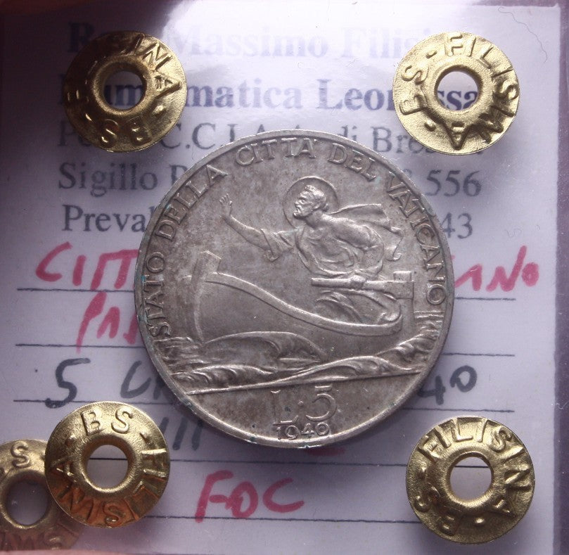 NL* CITTA' DEL VATICANO PAPA PIO XII 5 LIRE Argento 1940 FDC Perizia F