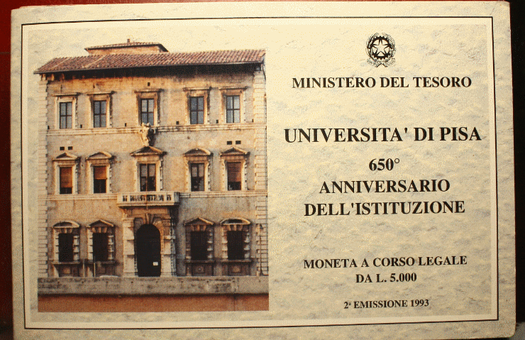 NL* ITALIA 5000 LIRE argento 1993 UNIVERSITA' PISA 2^ emissione FDC Se ...