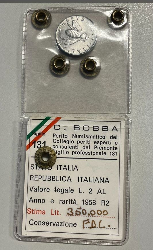 NL* ITALIA 2 LIRE ULIVO 1958 MOLTO RARA FDC Perizia Cesare Bobba ...