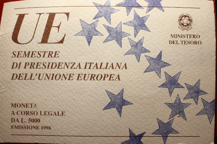NL* ITALIA 5000 Lire Argento 1996 SEMESTRE PRESIDENZA UE FDC SET Zecca ...